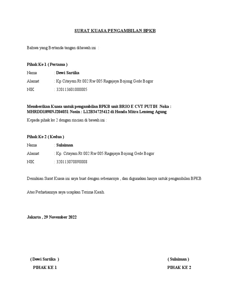 Surat Kuasa Pengambilan BPKB | PDF