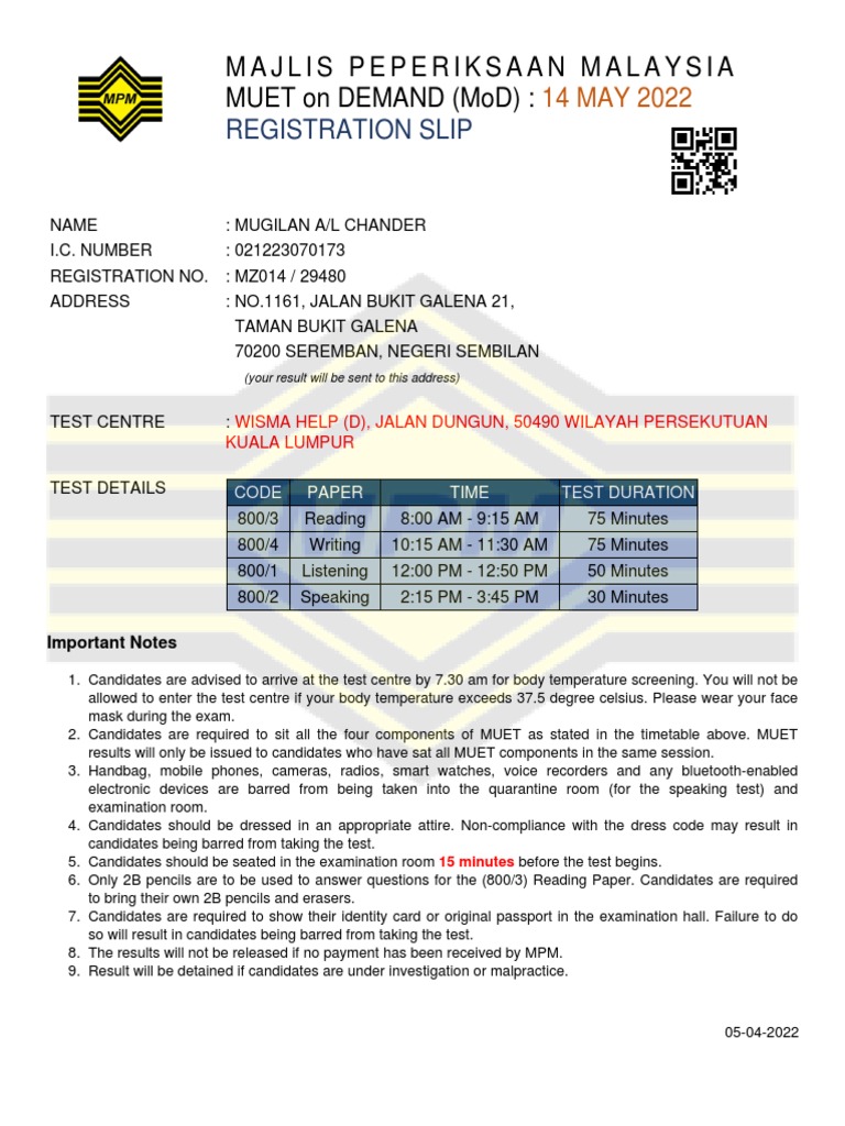 Registration Slip: Majlis Peperiksaan Malaysia Muet On Demand (Mod) | PDF