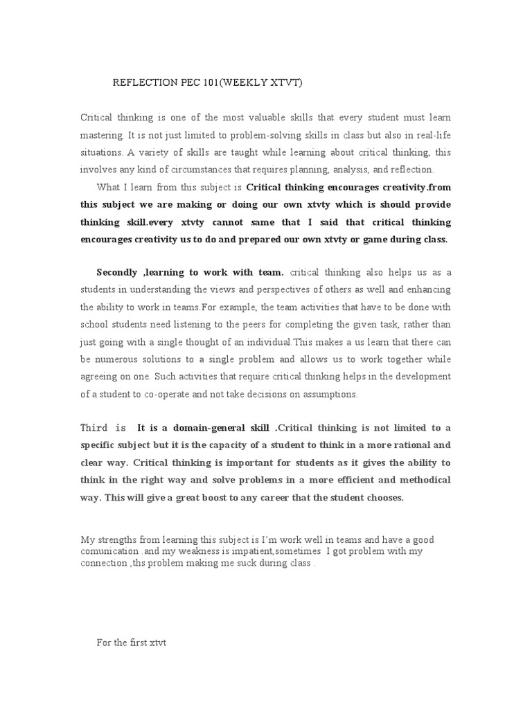 REFLECTION Weekly XTVT PEC 101 | PDF | Critical Thinking | Thought