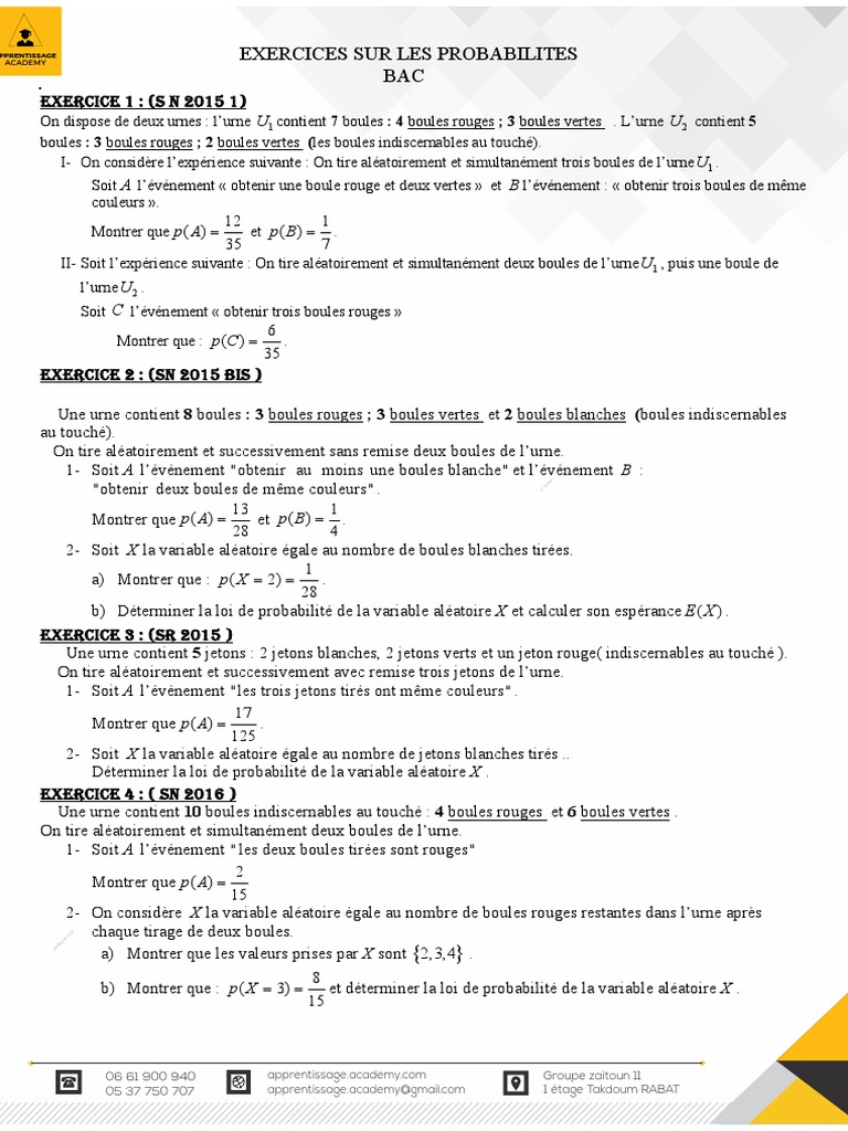 Exercices Bac Sur Probabilites | PDF | Probabilité | Loi de probabilité