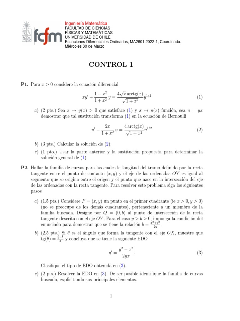 CONTROL 1 EDO 2022 Coordinsdo | PDF | Ecuaciones | Ecuaciones diferenciales