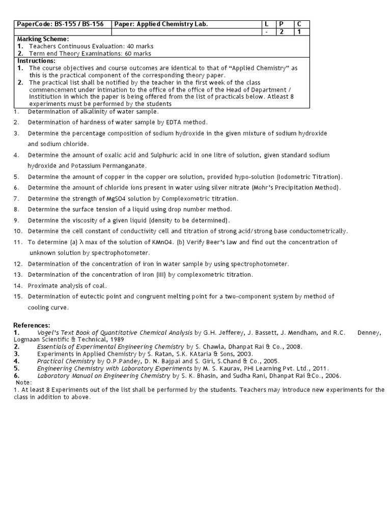 Chemistry Lab (List of Experiments) | PDF | Titration | Chemistry