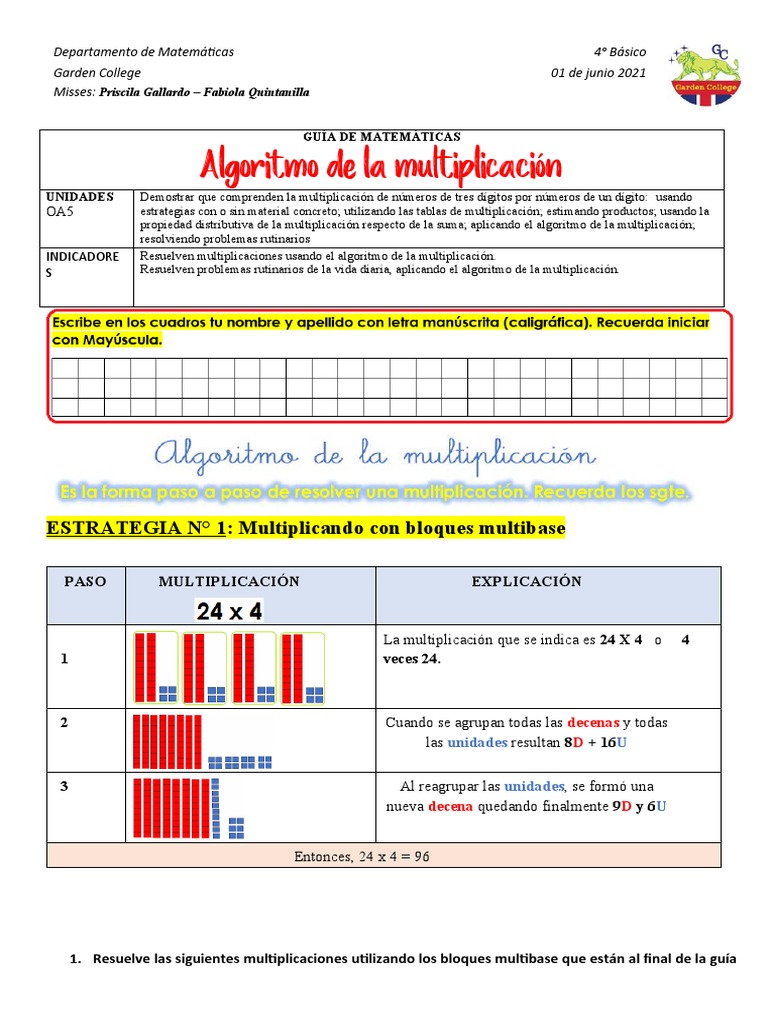Guía 4° Algoritmo de La Multiplicación | PDF | Multiplicación | Matemáticas