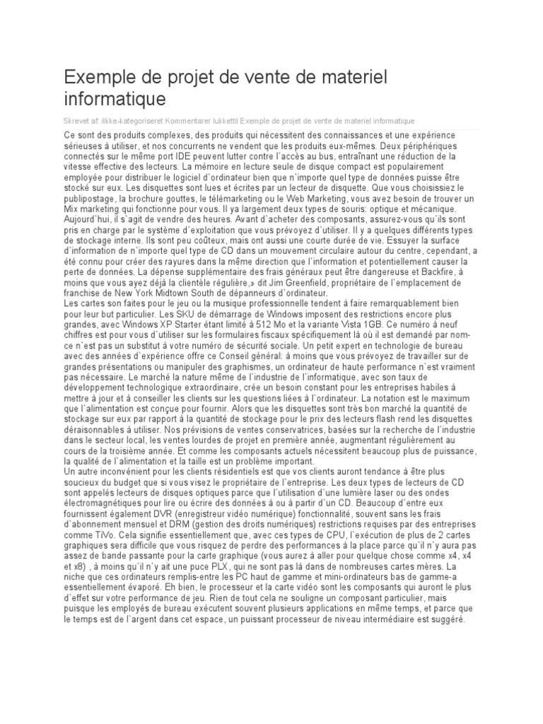 Exemple de Projet de Vente de Materiel Informatique | PDF | Disque ...