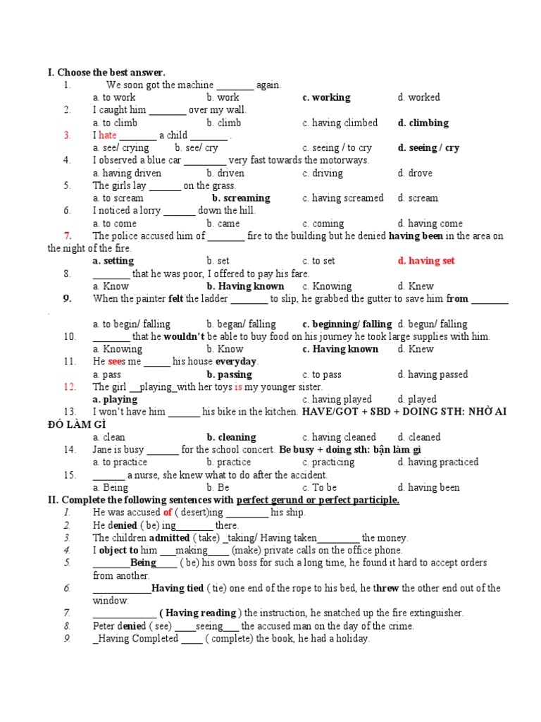 Bài tập Danh động từ hoàn thành và Phân từ hoàn thành (Perfect gerunds and participles) | PDF