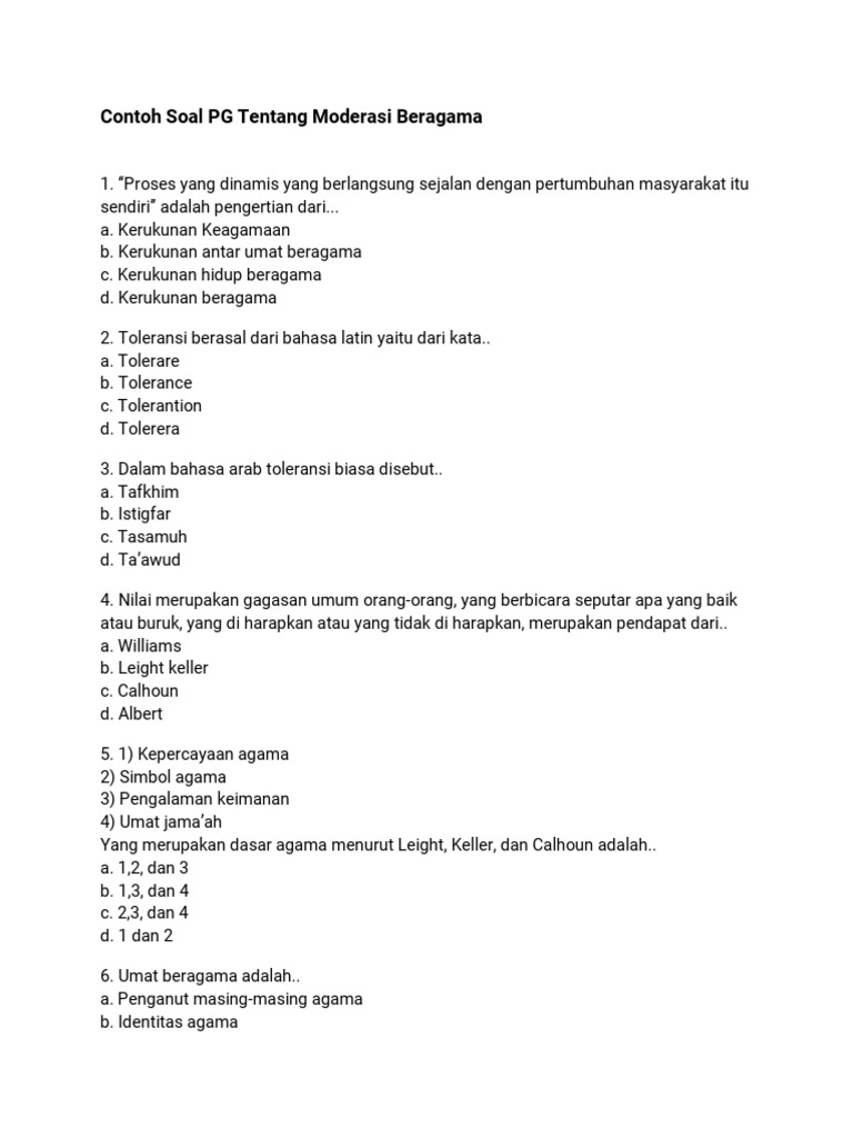 Contoh Soal PG Tentang Moderasi Beragama | PDF