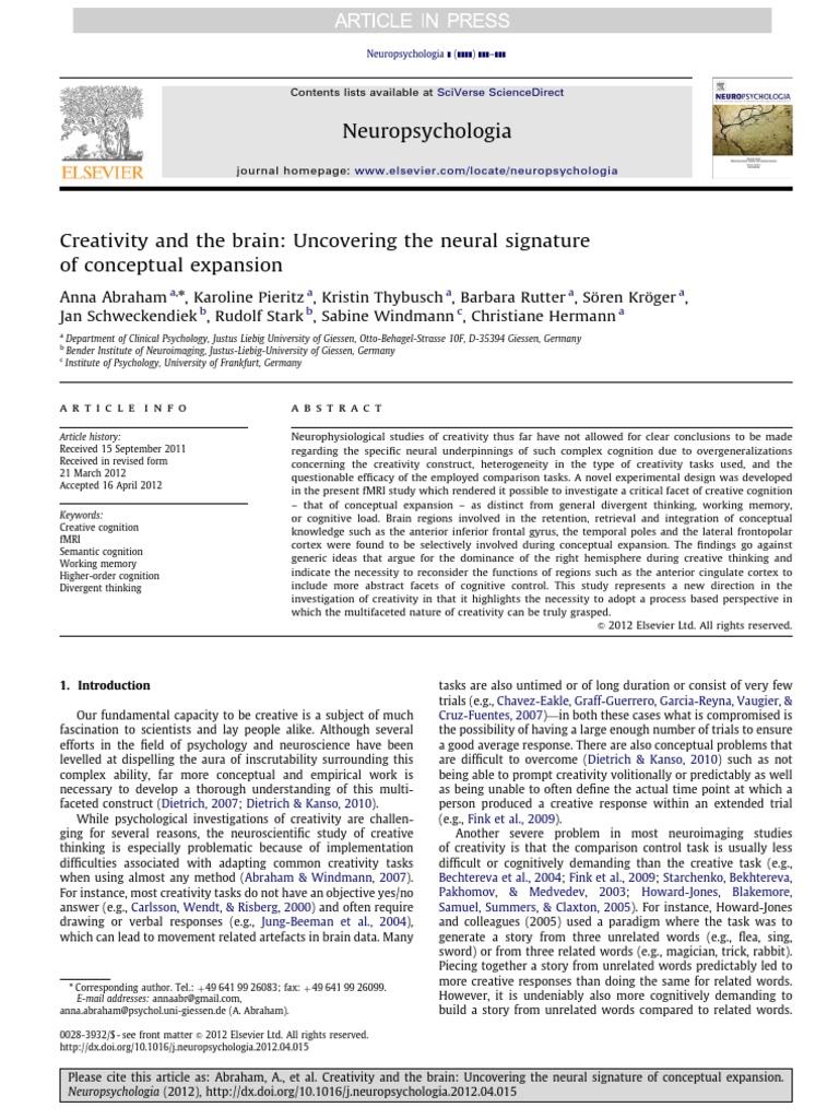 Abraham2012 Creativity Brain Neural Signature Conceptual Expansion | PDF | Cingulate Cortex ...