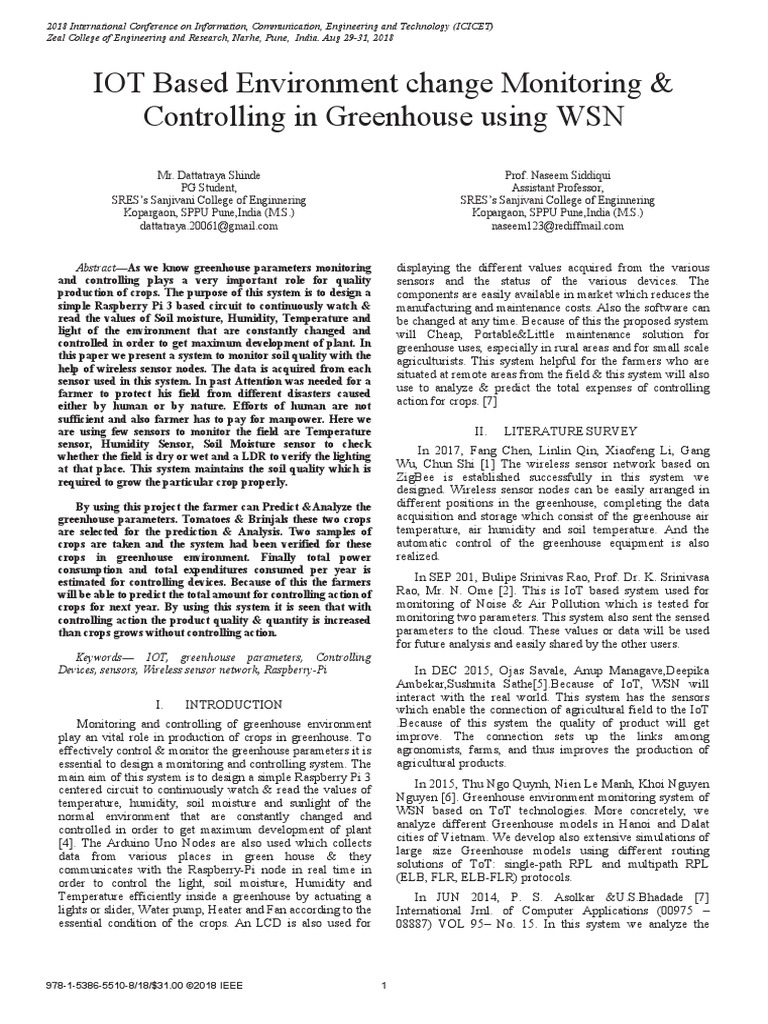 IOT Based Environment Change Monitoring & Controlling in Greenhouse Using WSN | PDF | Humidity ...