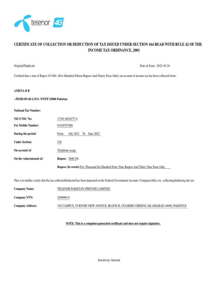 Certificate of Collection or Deduction of Tax Issued Under Section 164 ...