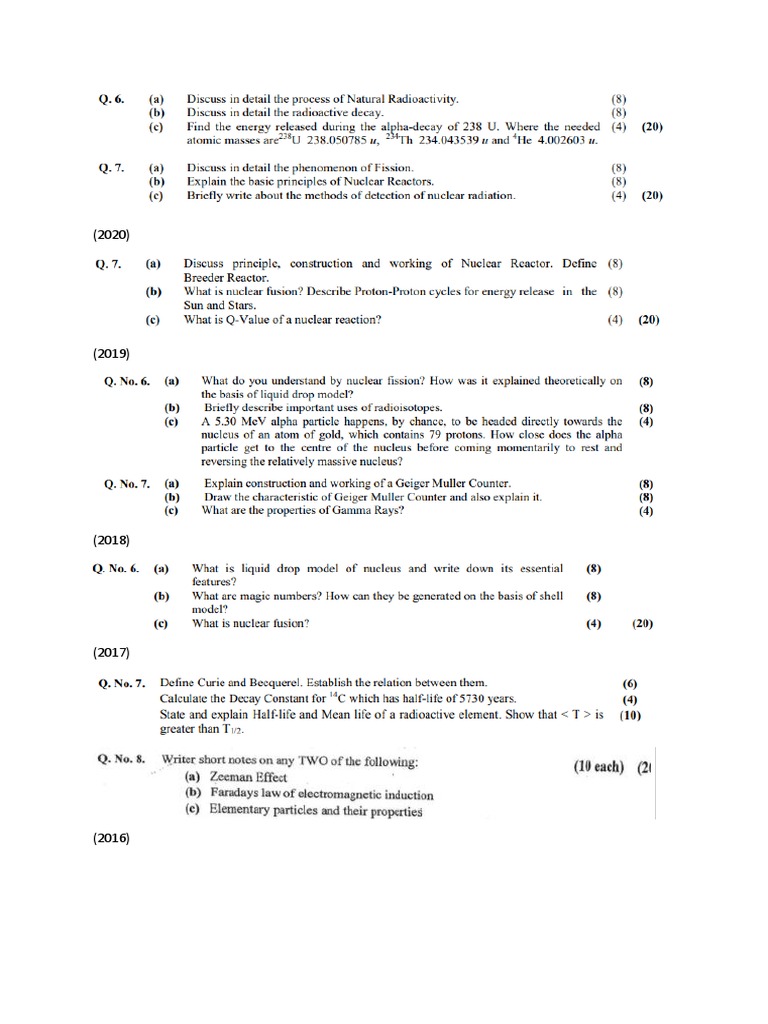 Nuclear Physics Past Papers Questions | PDF