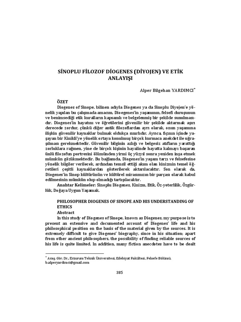 Sinoplu Filozof Diogenes Diyojen Ve Etik | PDF