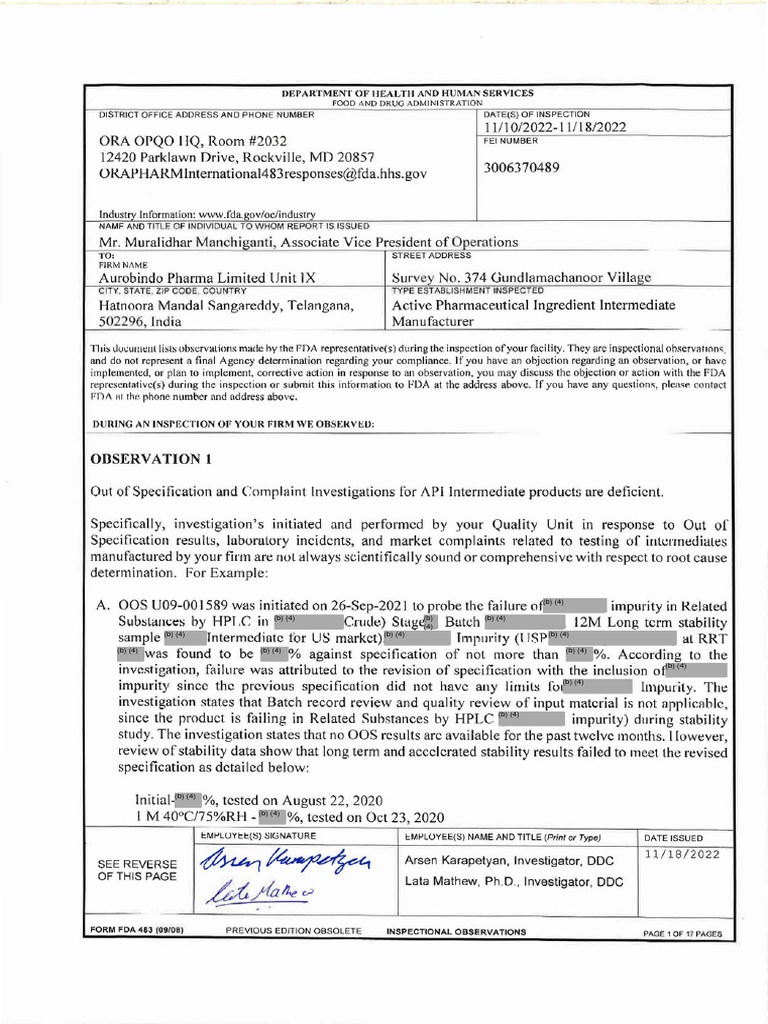 FDA 483 - Aurobindo Pharma Unit IX Telangana, India | PDF | Food And ...