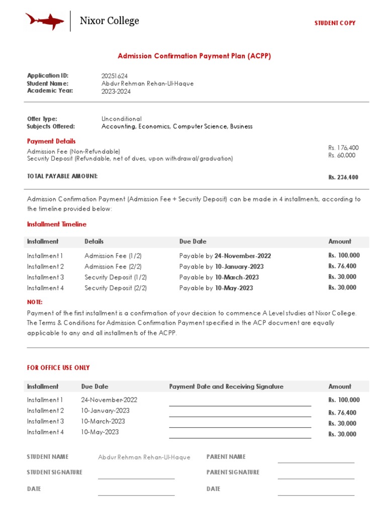 Abdur Rehman Rehan-Ul-Haque - Admission Confirmation Payment Plan | PDF | Payments | Economies