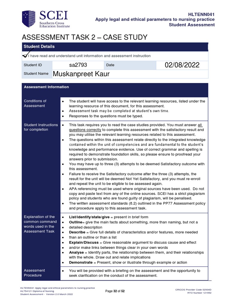 HLTENN041 Assessment (Case Study), Diploma of Nursing-Muskanpreet Kaur.. | PDF | Nursing ...