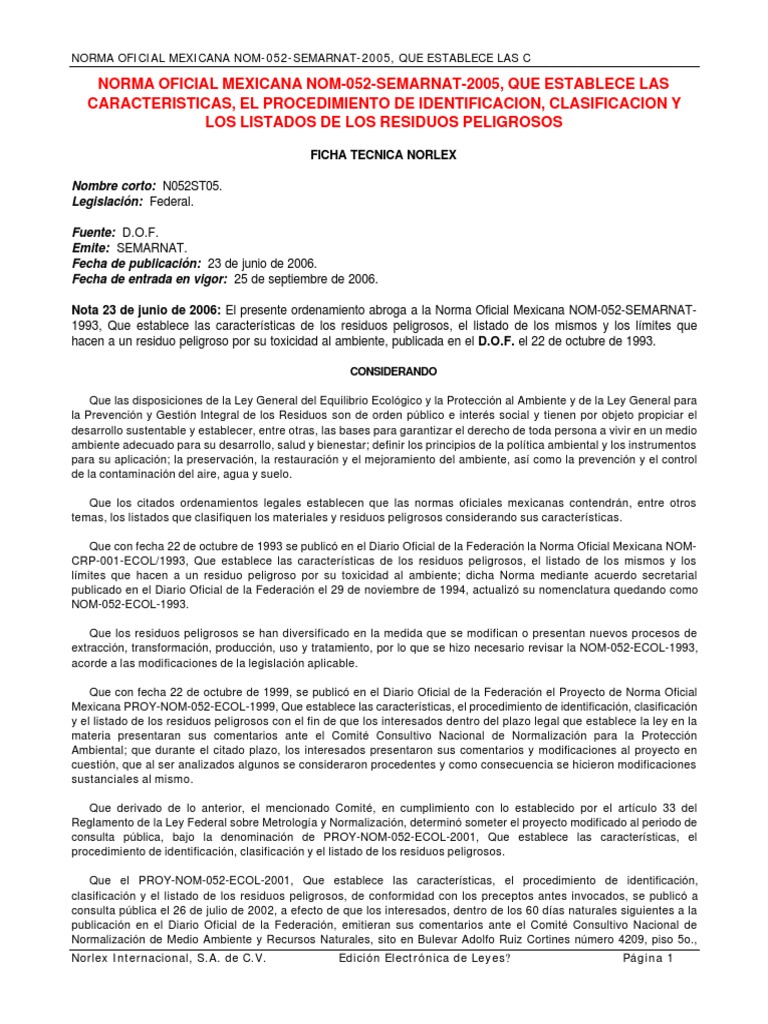 Nom 052 Semarnat 2005 | PDF | Residuos | Toxicidad