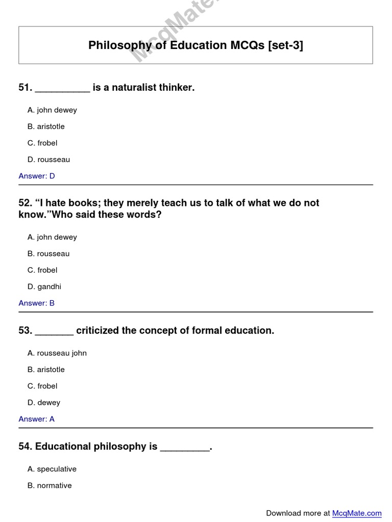 Philosophy of Education MCQs Set 3 | PDF | Philosophy Of Education ...