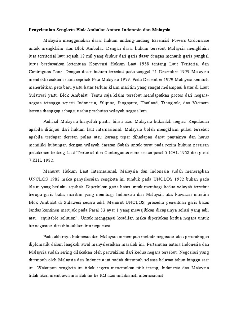 Penyelesaian Sengketa Blok Ambalat Antara Indonesia Dan Malaysia | PDF | Hukum