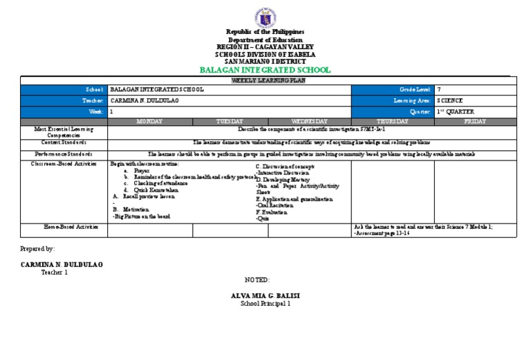 WLP Science 7 - Q1 - W1 | PDF | Learning | Teachers