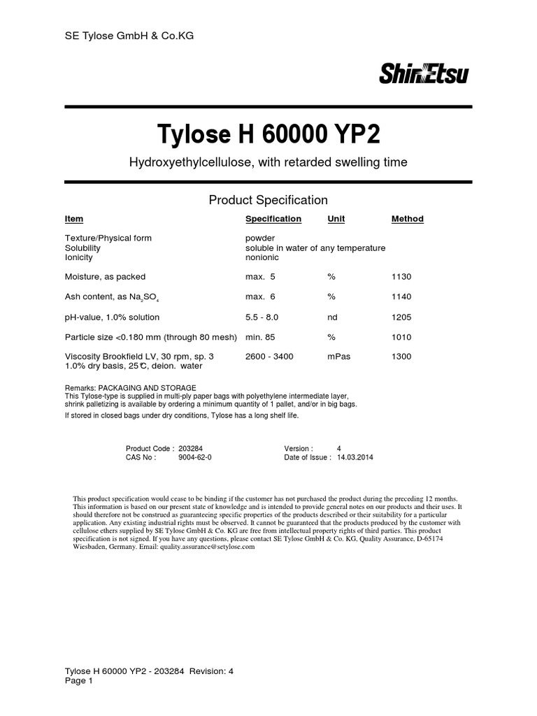 FICHA TECNICA GEL ULTRASONIDO Tylose H 60000 YP2 | PDF | Chemical ...