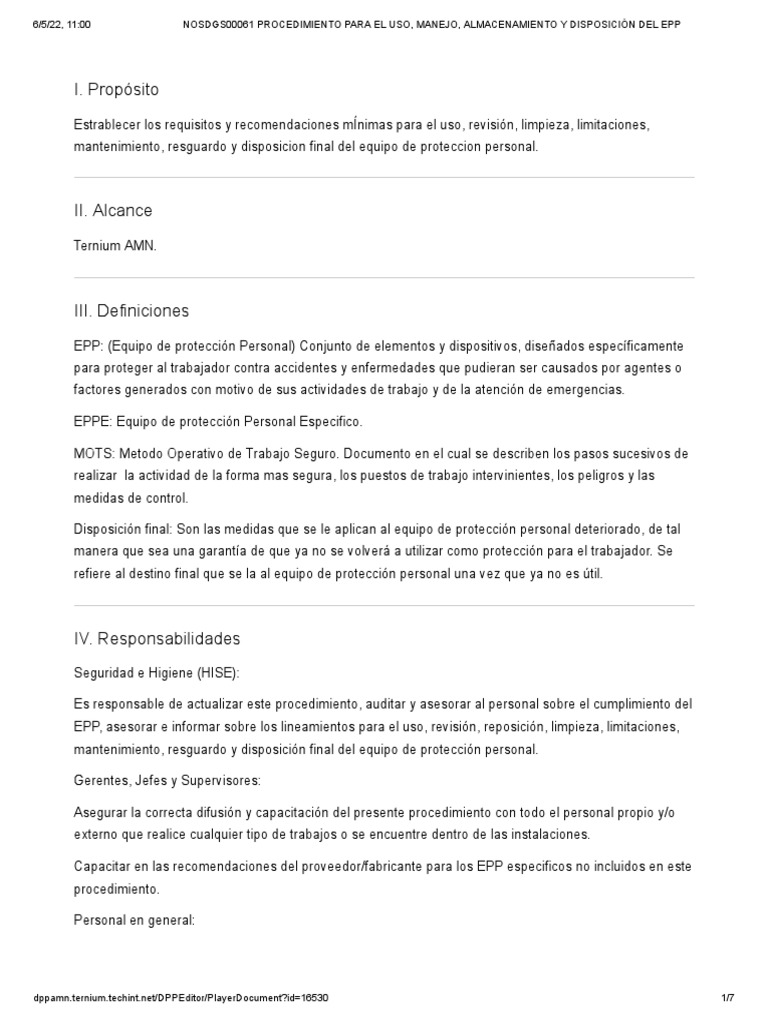 Procedimiento para El Uso, Manejo, Almacenamiento y Disposición Del Epp ...