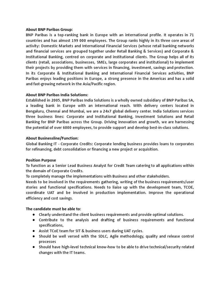 Senior Business Analyst - Corporate Credits | PDF | Bnp Paribas | Banks