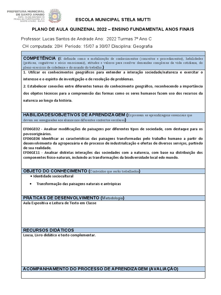 PLANO DE AULA QUINZENAL 2022-5 7c | PDF