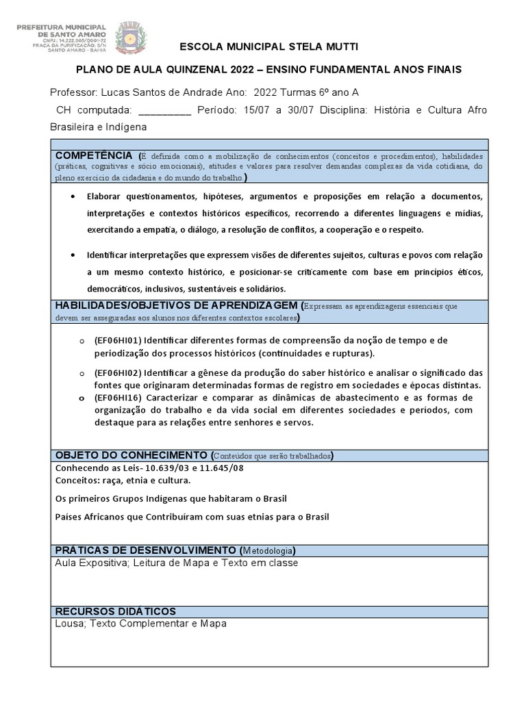 Plano de Aula Quinzenal 2022-5 6a | PDF | Brasil | Aprendizado