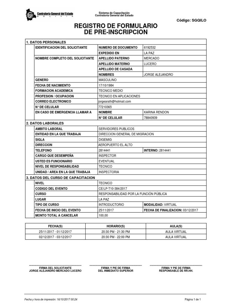 Formulario de Pre Inscripción CONTRALORÍA GENERAL DEL ESTADO BOLIVIA ...