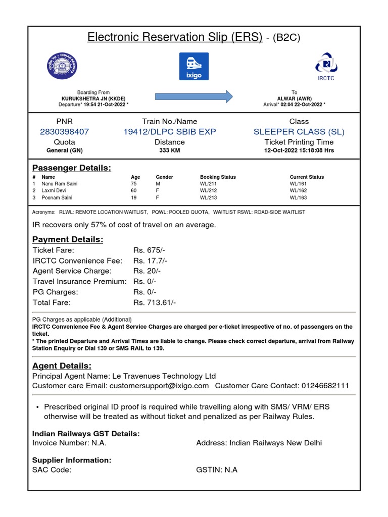 Electronic Reservation Slip (ERS) : 2830398407 19412/Dlpc Sbib Exp ...