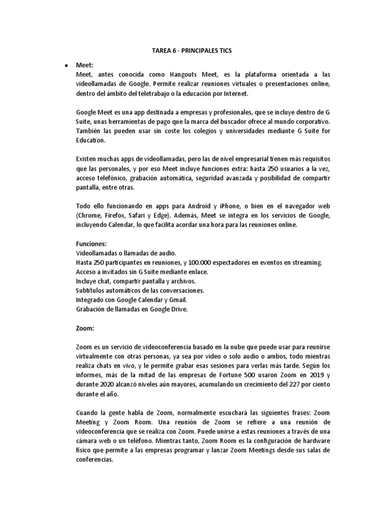 Tarea 6 - Principales Tics | PDF | Videotelefonía | Internet