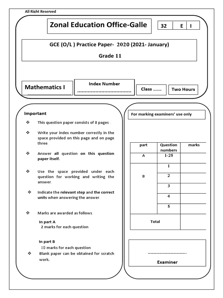 G.C.E. (O.L) Practice Paper (2020) - Zonal Education Office, Galle ...