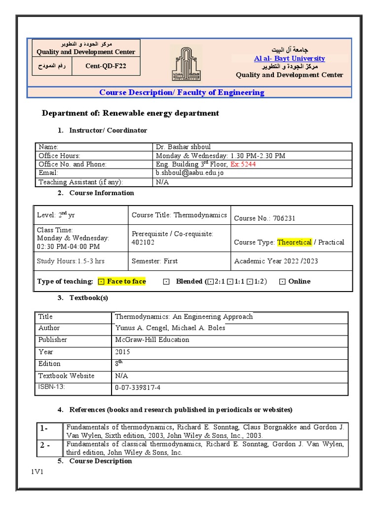 Thermodynamics Course Syllabus | PDF Thermodynamics Course Syllabus | PDF