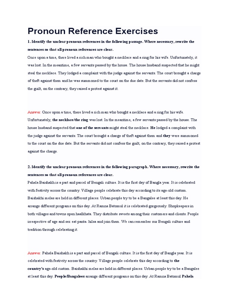Pronoun Reference Exercises | PDF | Table Of Contents