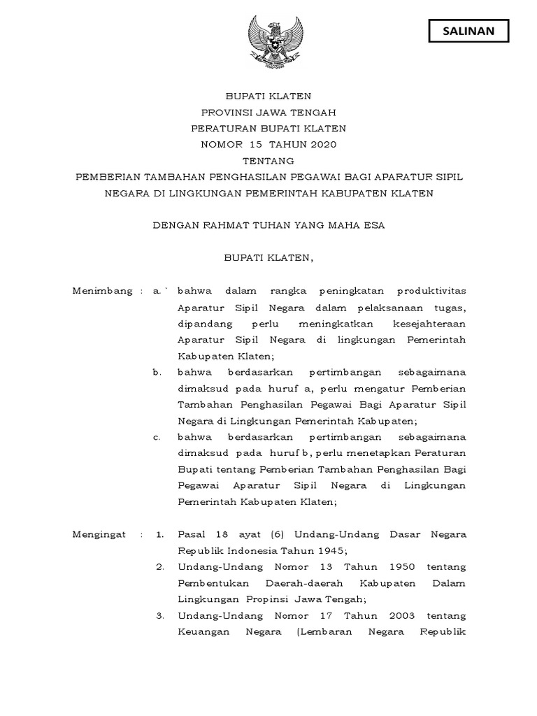 Perbup Nomor 15 Tahun 2020 Tentang Pemberian Tambahan Penghasilan Bagi Aparatur Sipil Negara Di ...