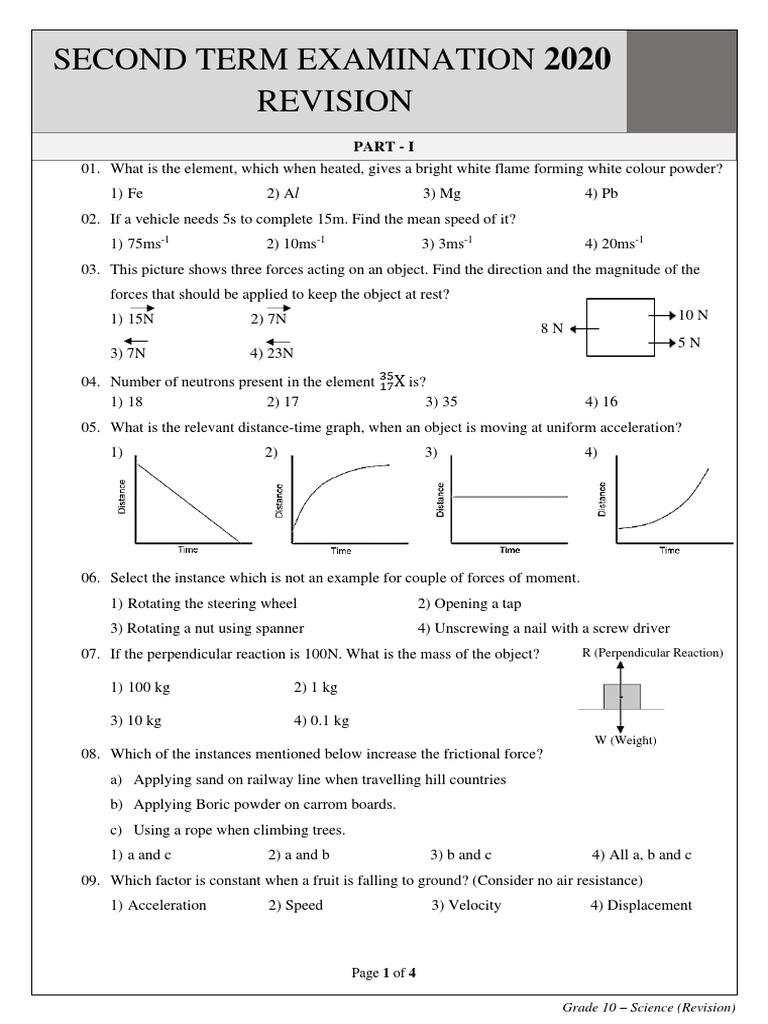 G10 - Second Term Examination (2020) (Revision) | PDF | Force ...