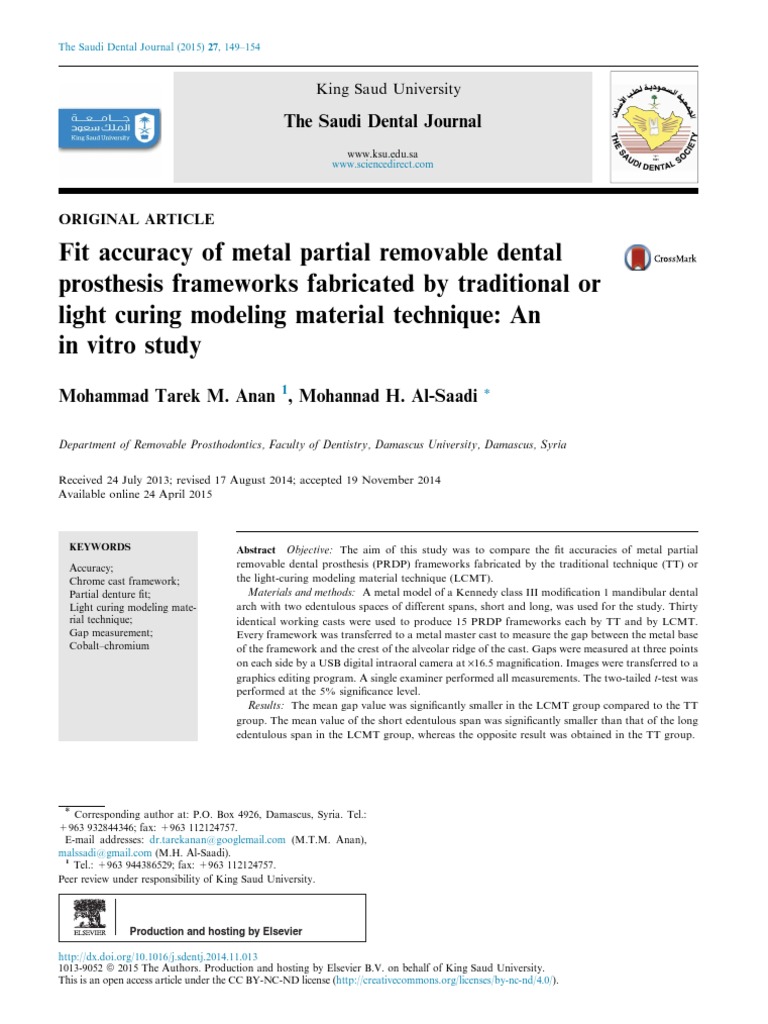 Fit Accuracy of Metal Partial Removable Dental Prosthesis Frameworks Fabricated by Traditional ...