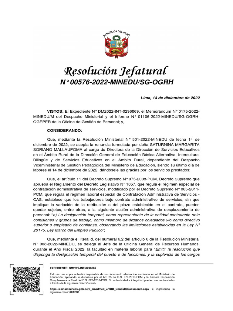 Resolucion Jefatural 00576 2022 Minedu SG Ogrh | PDF | Gestión de ...