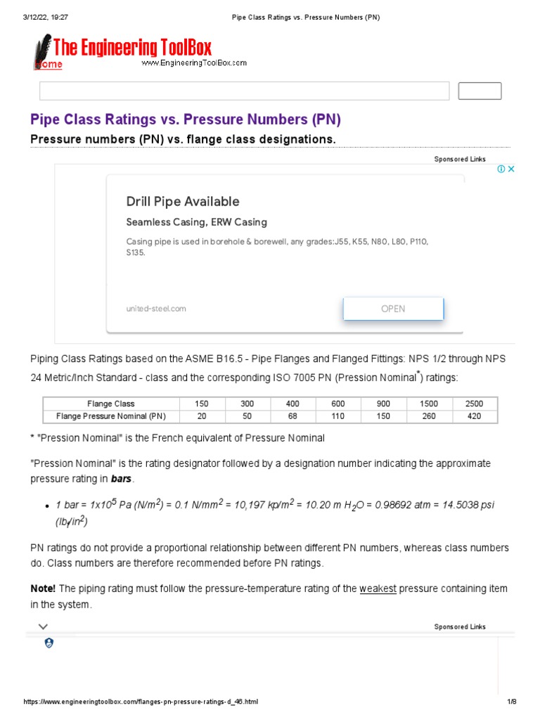 Pipe Class Ratings vs. Pressure Numbers (PN) | PDF