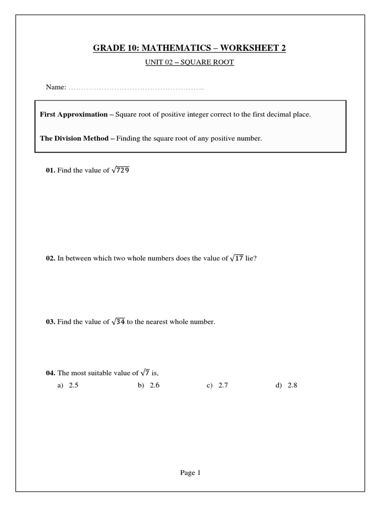 Unit 02 - Square Root (Mathematics Worksheet - 2) | PDF