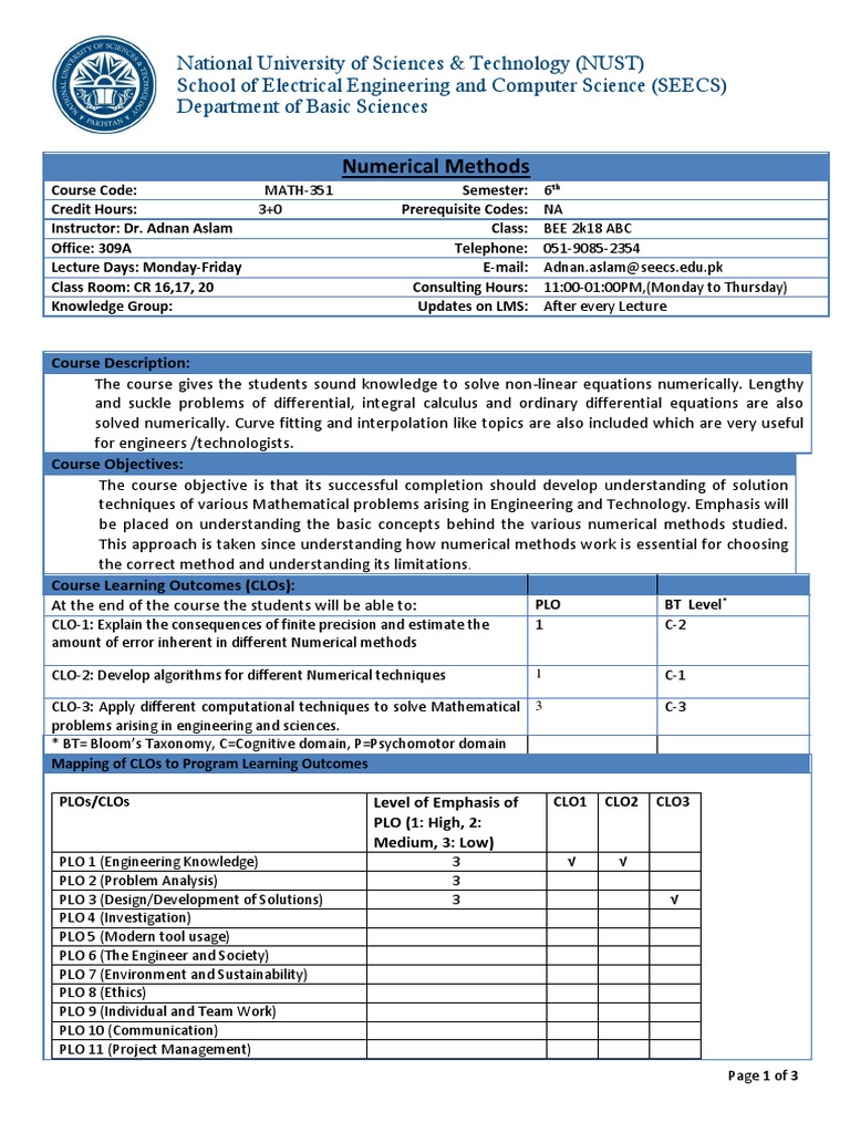 Course Outline (MATH-351 - Numerical Methods) | PDF | Numerical Analysis | Differential Equations