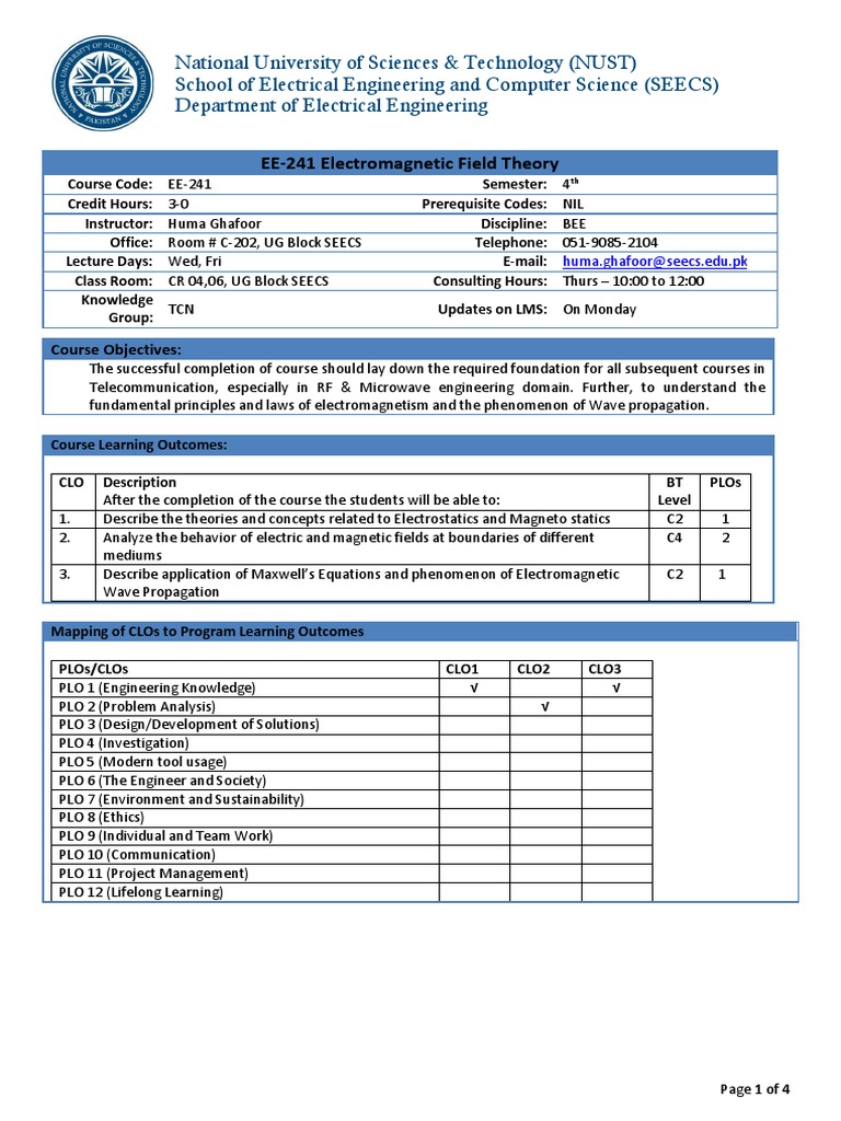 EE-241 Electromagetic Field Theory - Final Version | PDF | Electric Field | Magnetic Field
