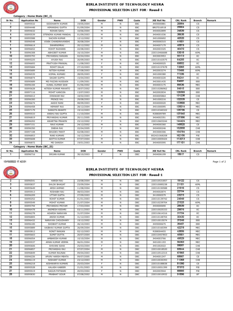Bit Mesra Ebc & Obc Round 1 | PDF