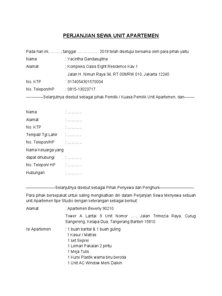 Perjanjian Sewa Unit Apartemen Pdf