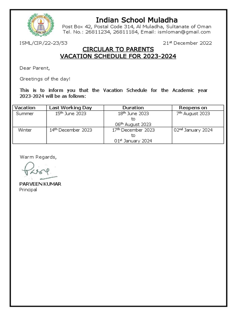 Circular To Parents - Vacation Schedule | PDF