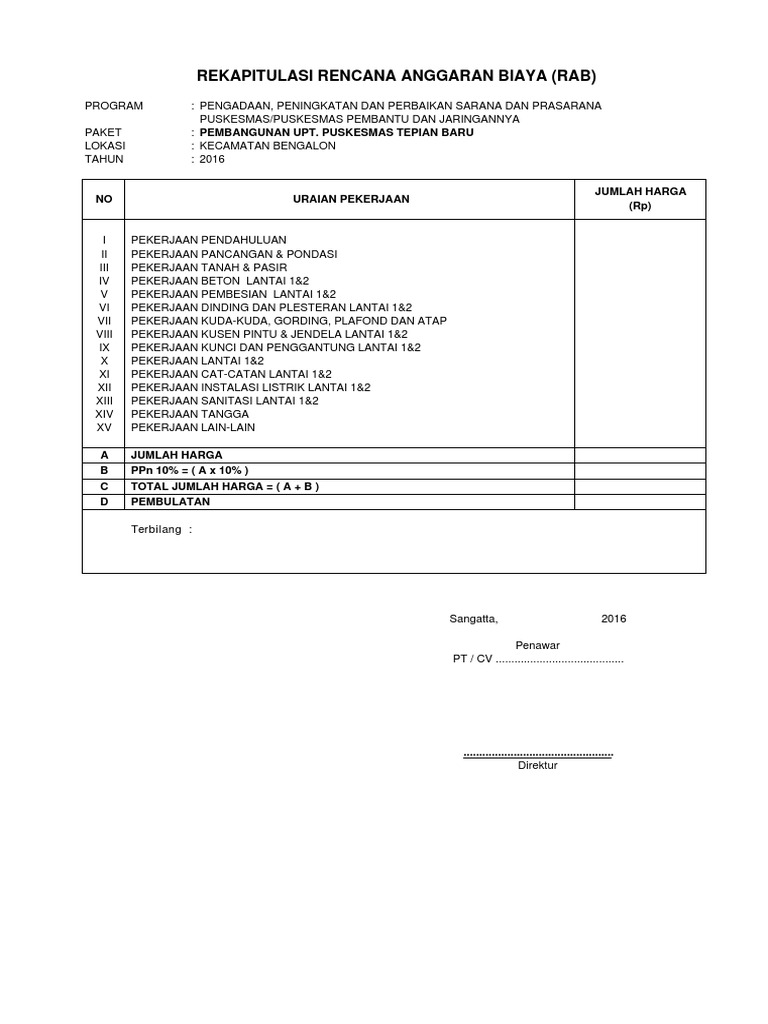 BoQ. PUSKESMAS TEPIAN BARU | PDF | Griya & Taman