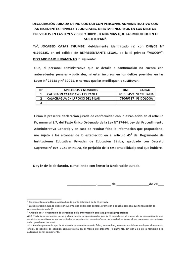 Declaración Jurada - Personal Administrativo | PDF | Declaración jurada | Ley Pública