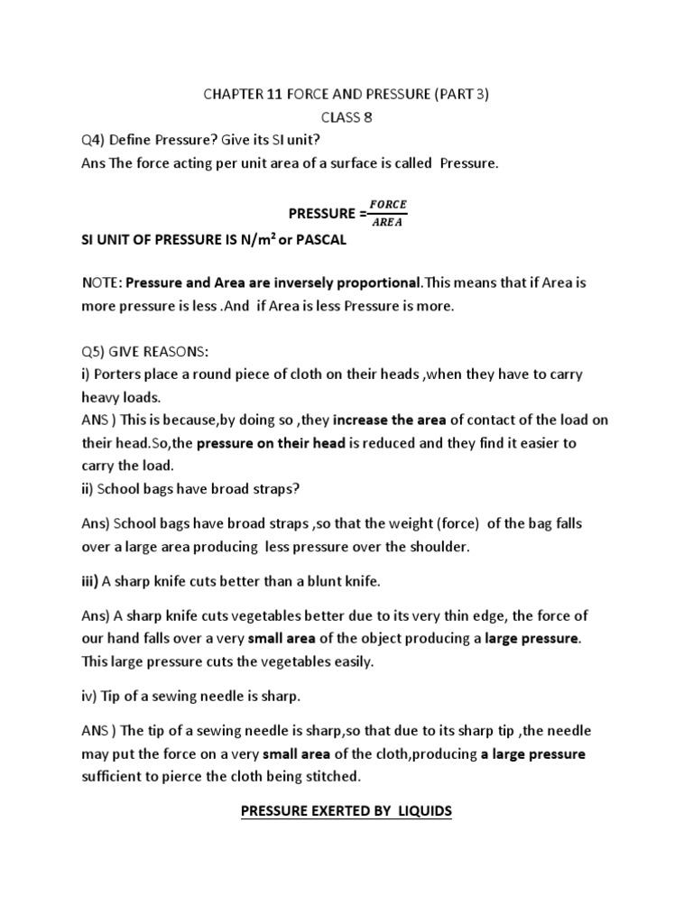 Class 8: Force & Pressure Basics | PDF