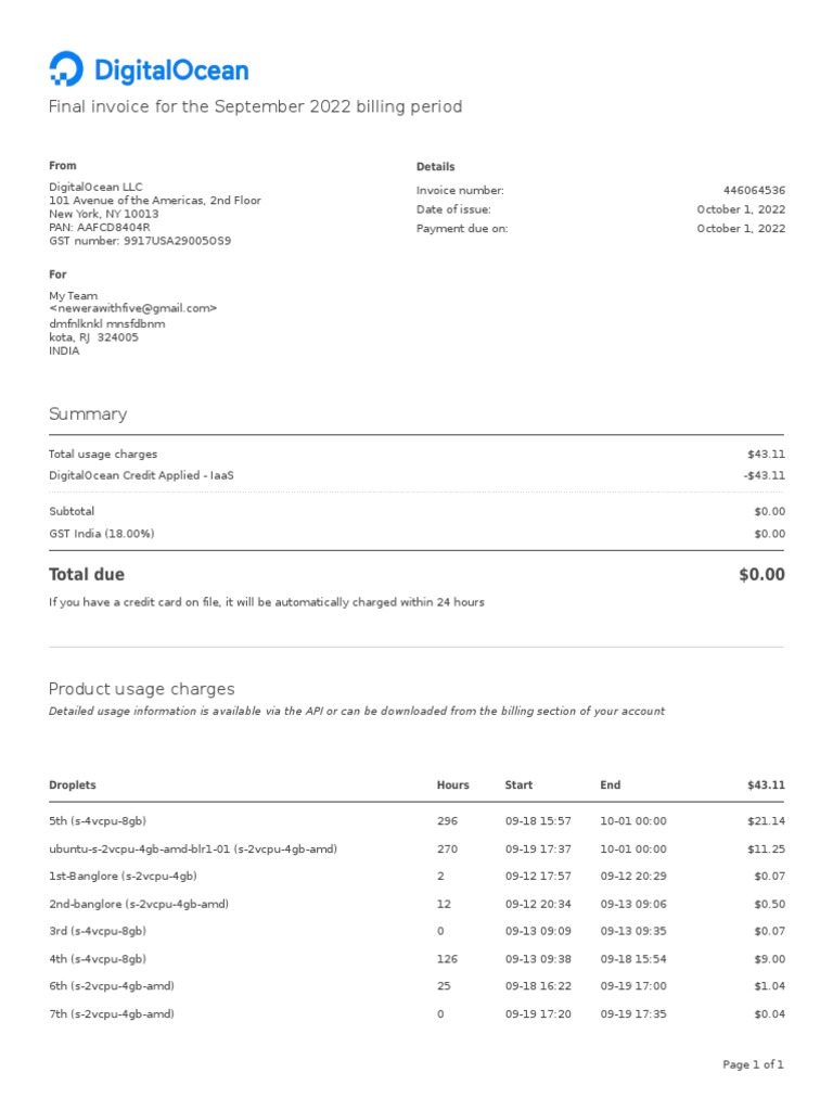 DigitalOcean Invoice 2022 Sep (12384865-446064536) | PDF | Payments