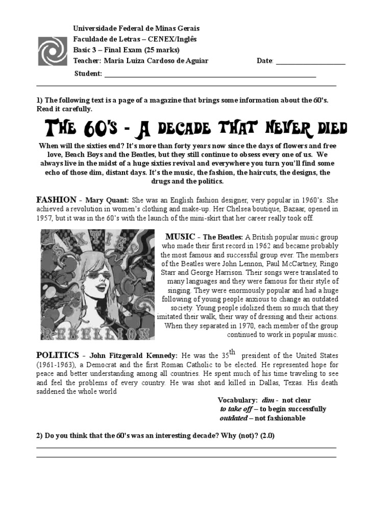 60's Culture: Fashion, Music, Politics Exam | PDF | The Beatles | John ...
