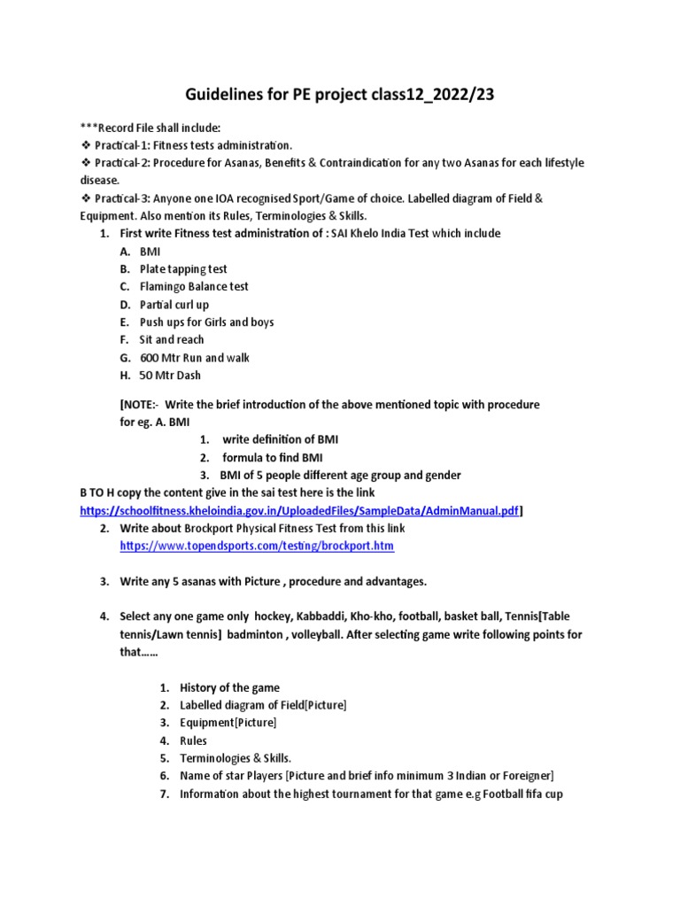 Guidelines For PE Project Class12 | PDF